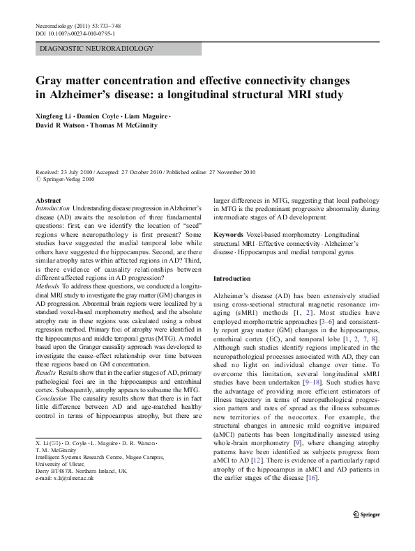 (PDF) Gray matter concentration and effective connectivity changes in Alzheimer s disease: a ...