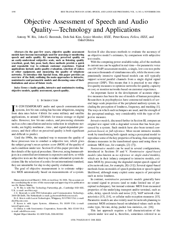 (PDF) Objective Assessment of Speech and Audio Quality& 8212; Technology and Applications