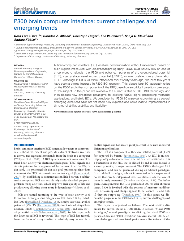 Pdf P300 Brain Computer Interface Current Challenges And Emerging Trends