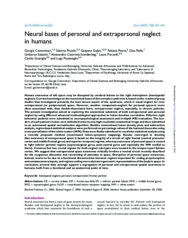 (PDF) Neural bases of personal and extrapersonal neglect in humans