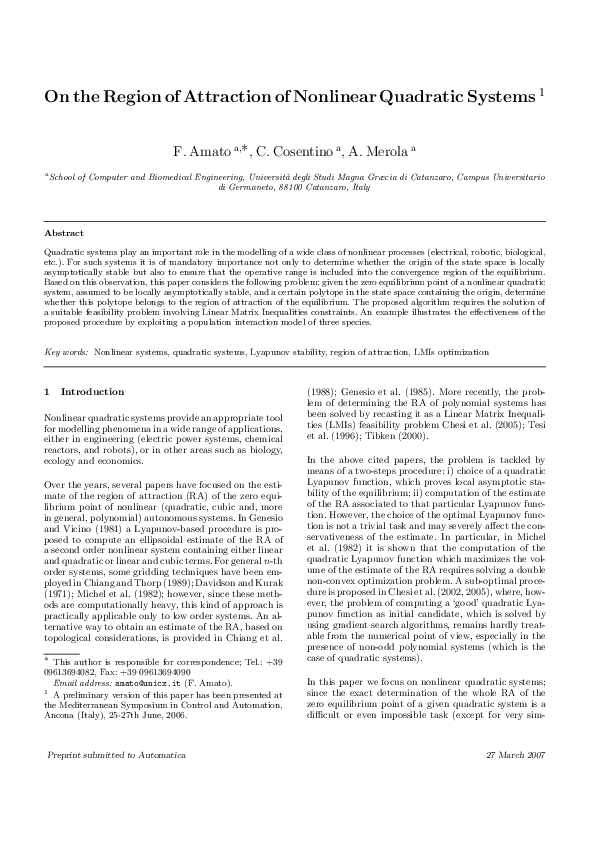 Pdf On The Region Of Attraction Of Nonlinear Quadratic Systems