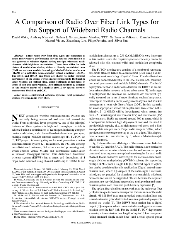 (PDF) A Comparison of Radio Over Fiber Link Types for the Support of ...