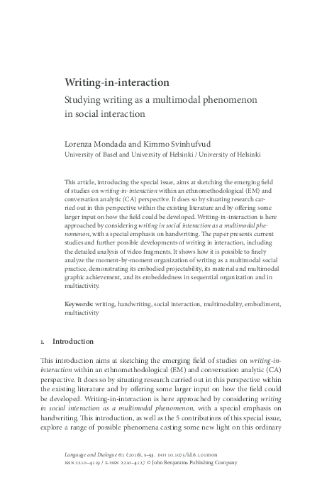 (PDF) Writing-in-interaction Studying writing as a multimodal ...