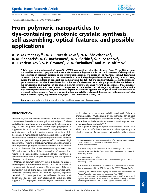 (PDF) From polymeric nanoparticles to dye-containing photonic crystals: synthesis, self ...