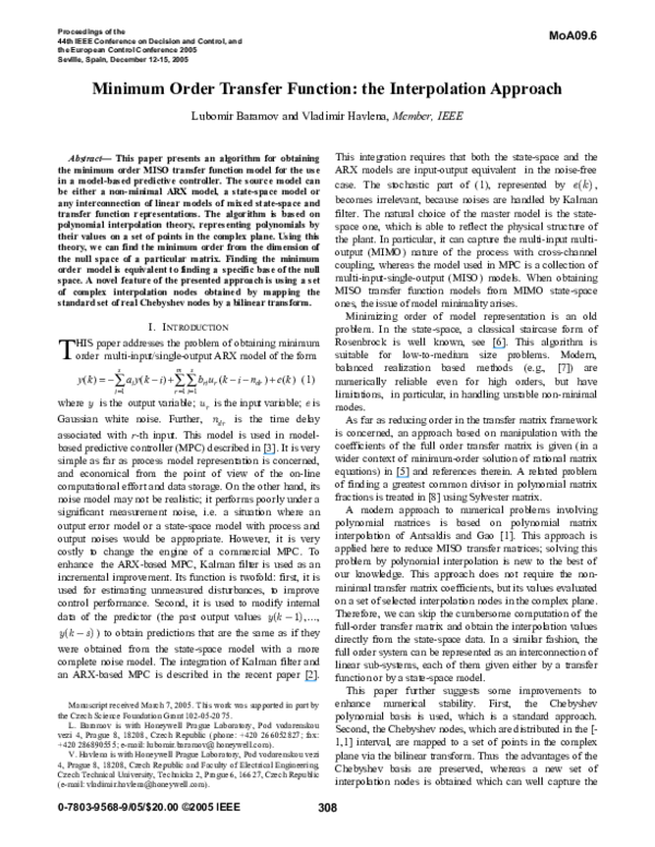 Pdf Minimum Order Transfer Function The Interpolation Approach
