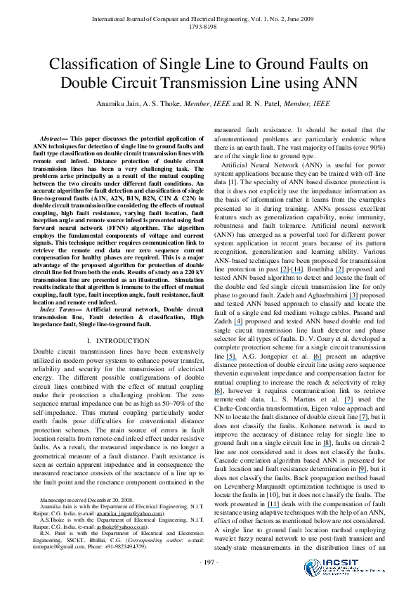 Pdf Classification Of Single Line To Ground Faults On Double Circuit Transmission Line Using Ann