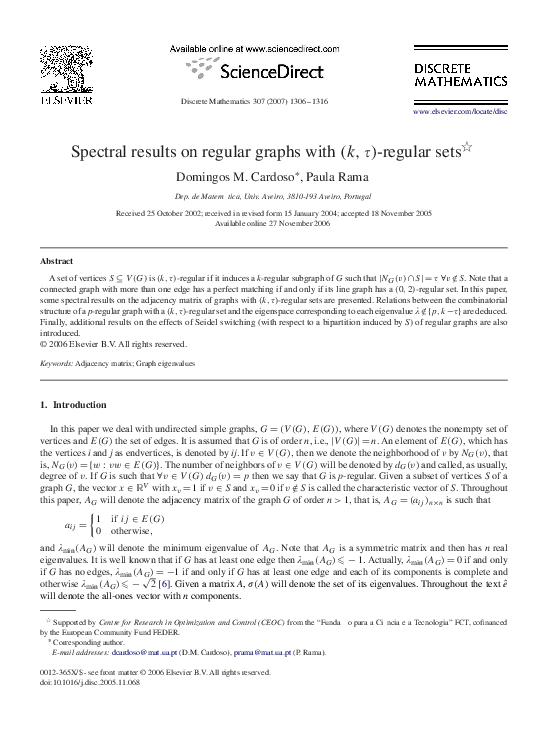 (PDF) Spectral results on regular graphs with (k,[tau])-regular sets
