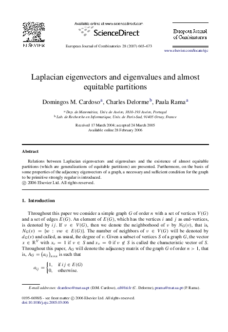 (PDF) Laplacian eigenvectors and eigenvalues and almost equitable partitions