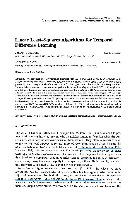 Pdf Linear Least Squares Algorithms For Temporal Difference Learning