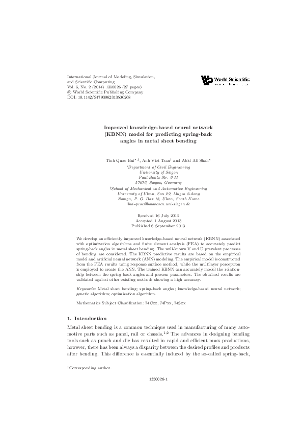 Pdf Improved Knowledge Based Neural Network Kbnn Model For Predicting Spring Back Angles In