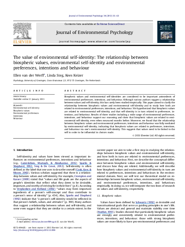 (PDF) The value of environmental self-identity: The relationship ...