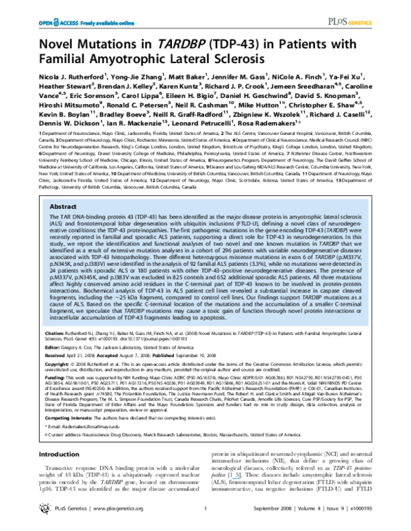 (PDF) Novel Mutations In TARDBP (TDP-43) In Patients With Familial Amyotrophic Lateral Sclerosis