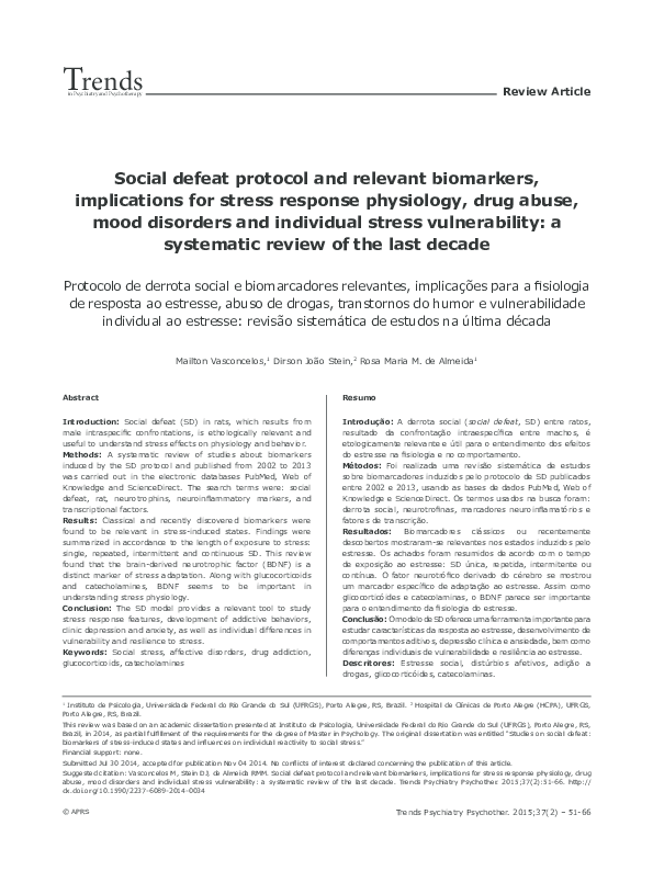 (PDF) Social defeat protocol and relevant biomarkers, implications for ...