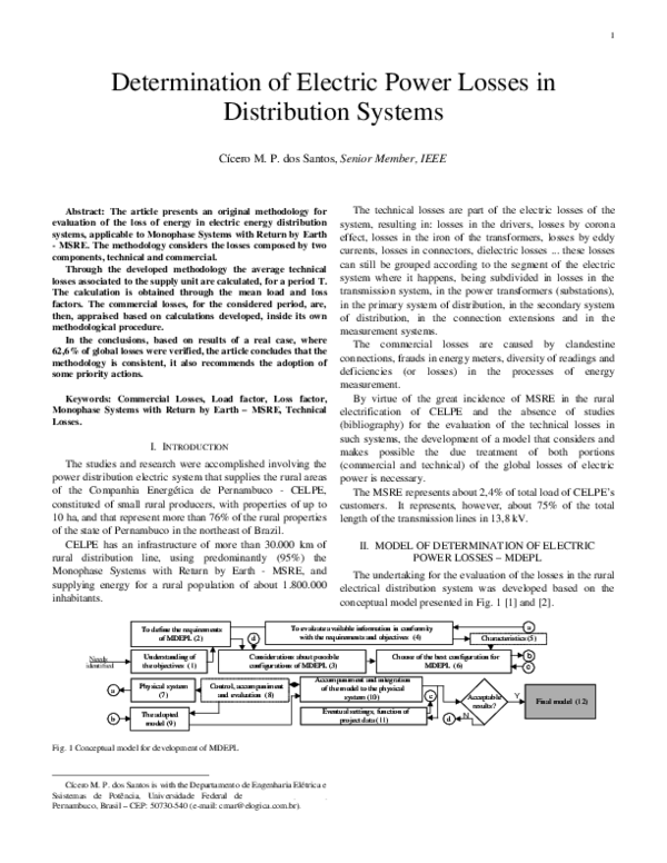 Pdf Determination Of Electric Power Losses In Distribution Systems