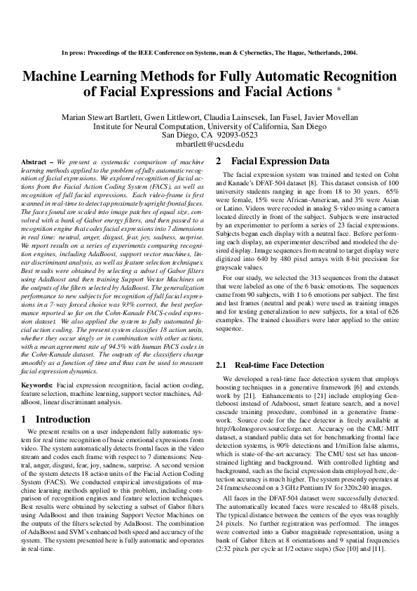 (PDF) Machine Learning Methods for Fully Automatic Recognition of Facial