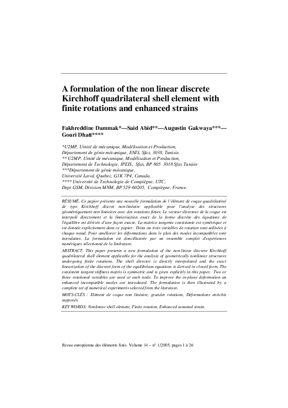 Pdf A Formulation Of The Non Linear Discrete Kirchhoff Quadrilateral Shell Element With Finite