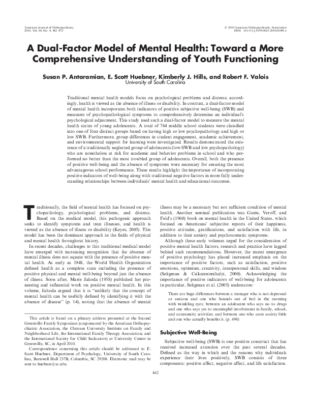 (PDF) A dual‐factor model of mental health: Toward a more comprehensive ...
