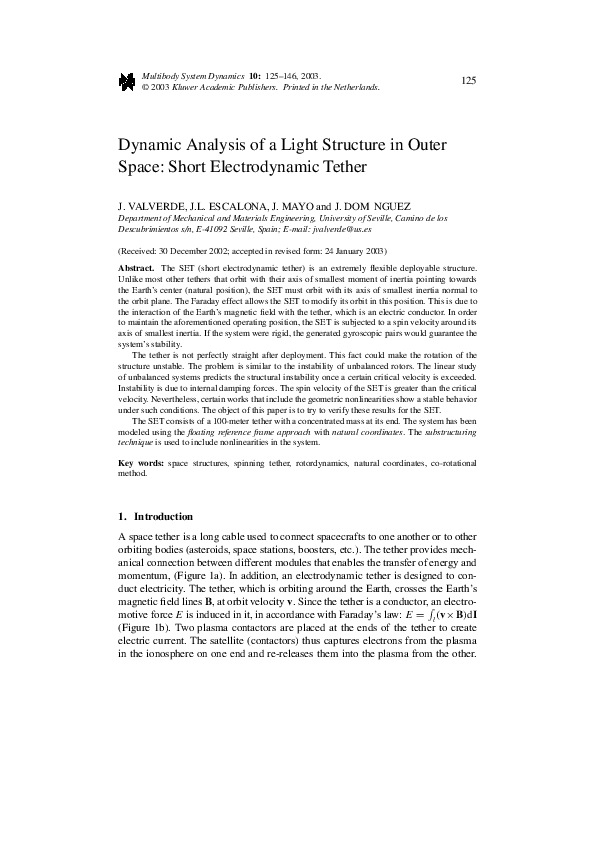 (PDF) Dynamic analysis of a light structure in outer space: short electrodynamic tether
