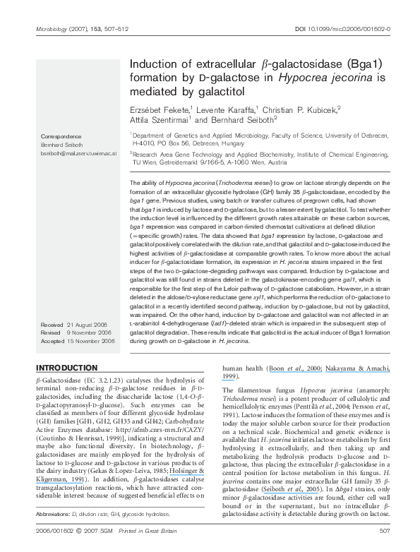 (PDF) Induction of extracellular beta-galactosidase (Bga1) formation by ...