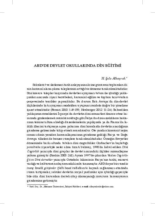 (PDF) ABD'DE DEVLET OKULLARINDA DİN EĞİTİMİ, 100. YILINDA İMAM HATİP LİSELERİ