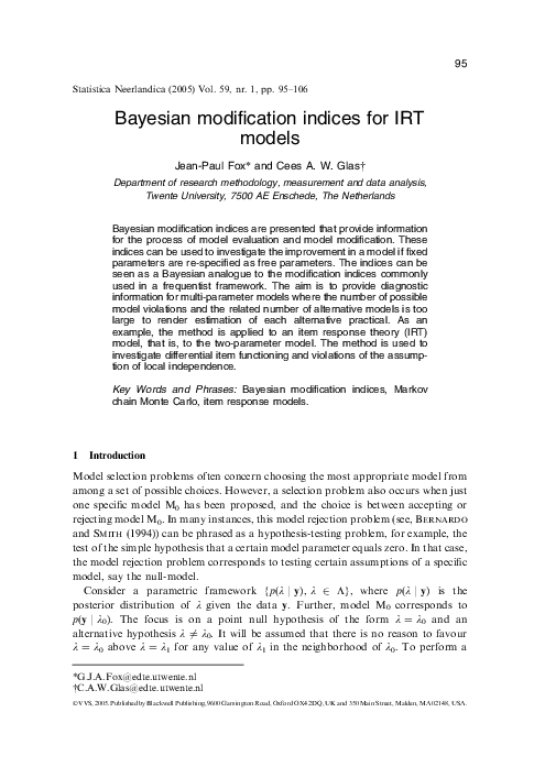 (PDF) Bayesian modification indices for IRT models