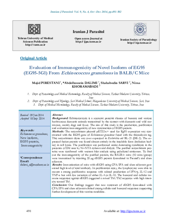 (PDF) Evaluation of Immunogenicity of Novel Isoform of EG95 (EG95-5G1 ...