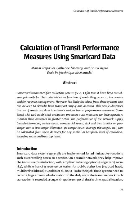 (PDF) Calculation of transit performance measures using smartcard data