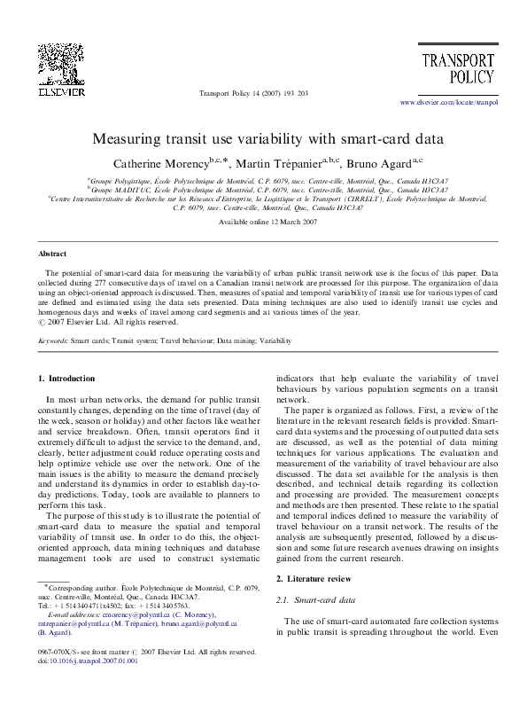 (PDF) Measuring transit use variability with smart-card data