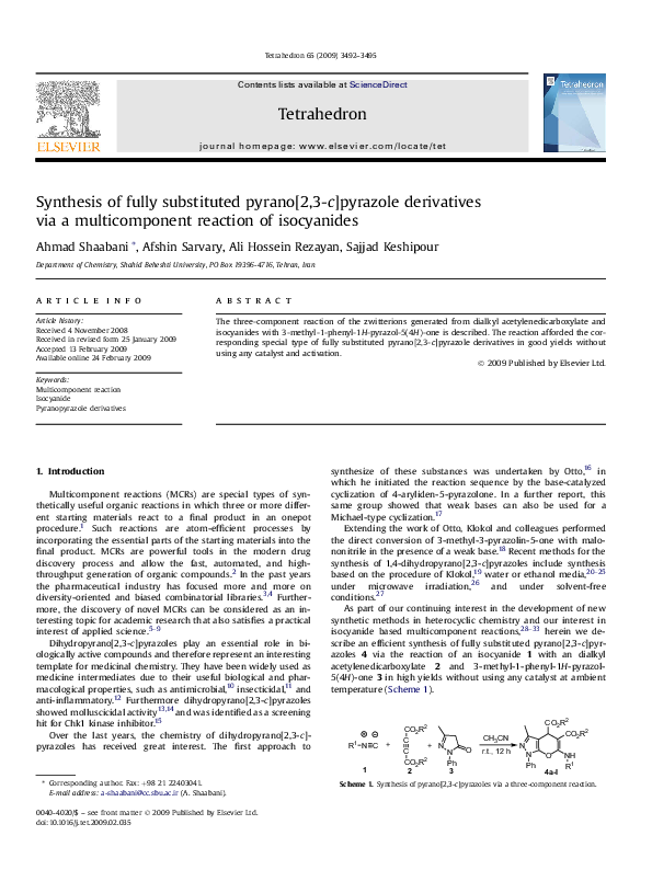 (PDF) Synthesis of fully substituted pyrano[2,3-c]pyrazole derivatives via a multicomponent ...