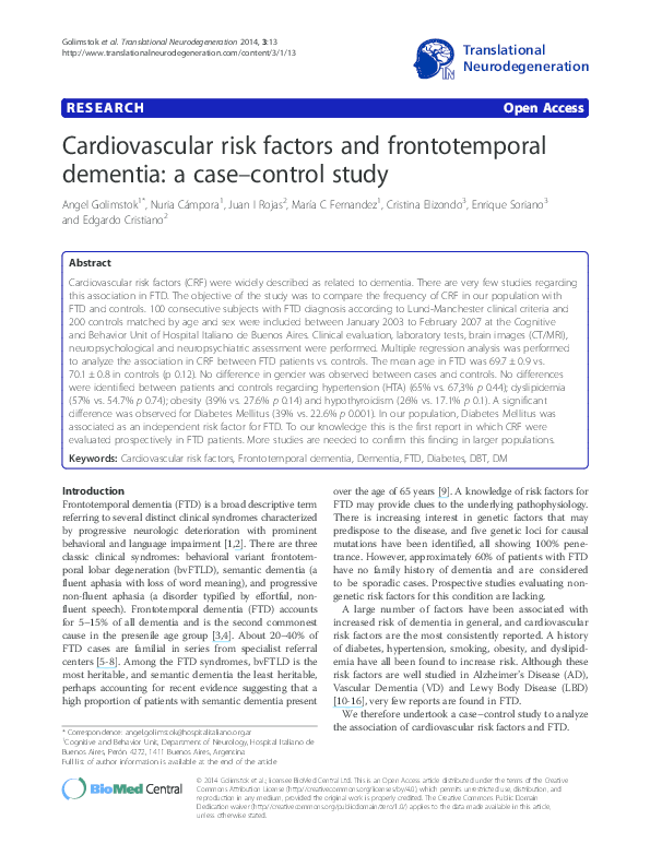 (PDF) Cardiovascular risk factors and frontotemporal dementia (FTD)