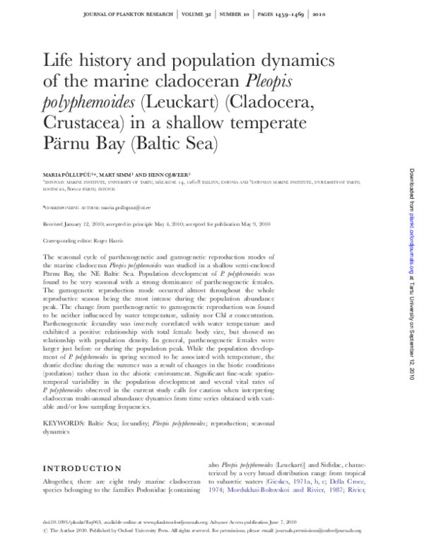(PDF) Life history and population dynamics of the marine cladoceran ...
