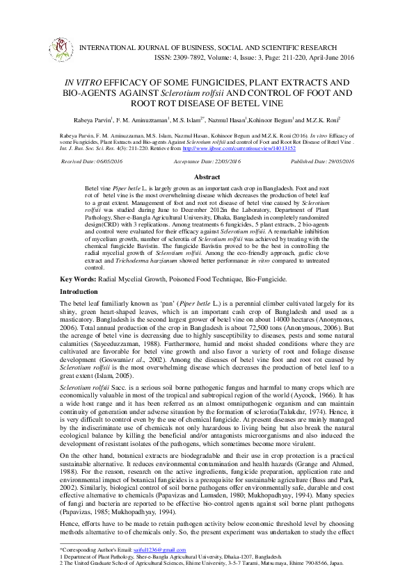 (PDF) In Vitro Efficacy of Some Fungicides, Plant Extracts and Bio-Agents against Sclerotium ...