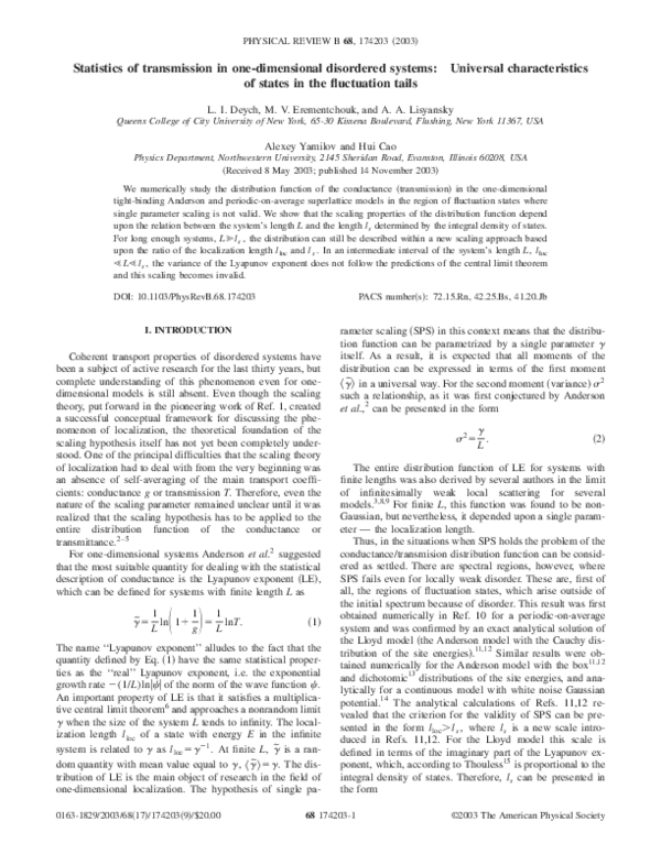 (PDF) Statistics of transmission in one-dimensional disordered systems: Universal ...
