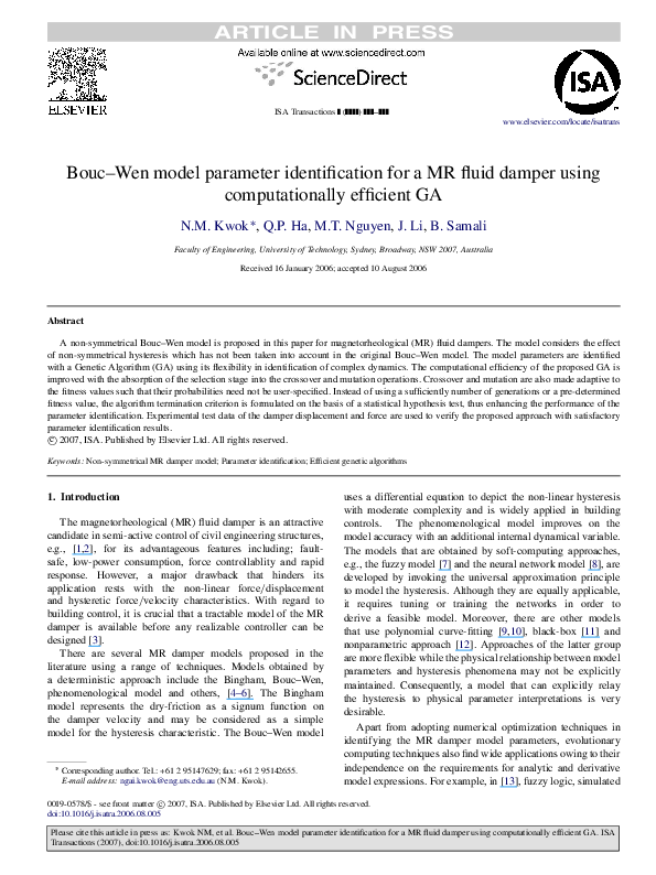 (PDF) Bouc–Wen model parameter identification for a MR fluid damper using computationally ...