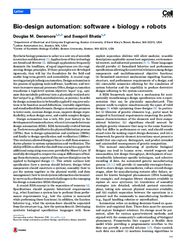 (PDF) Bio-design automation: software + biology + robots