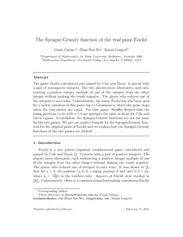 (PDF) The Sprague-Grundy function of the real game Euclid