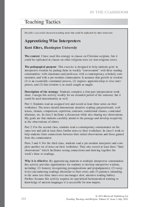 (PDF) “Apprenticing Wise Interpreters.” In Teaching Theology and ...
