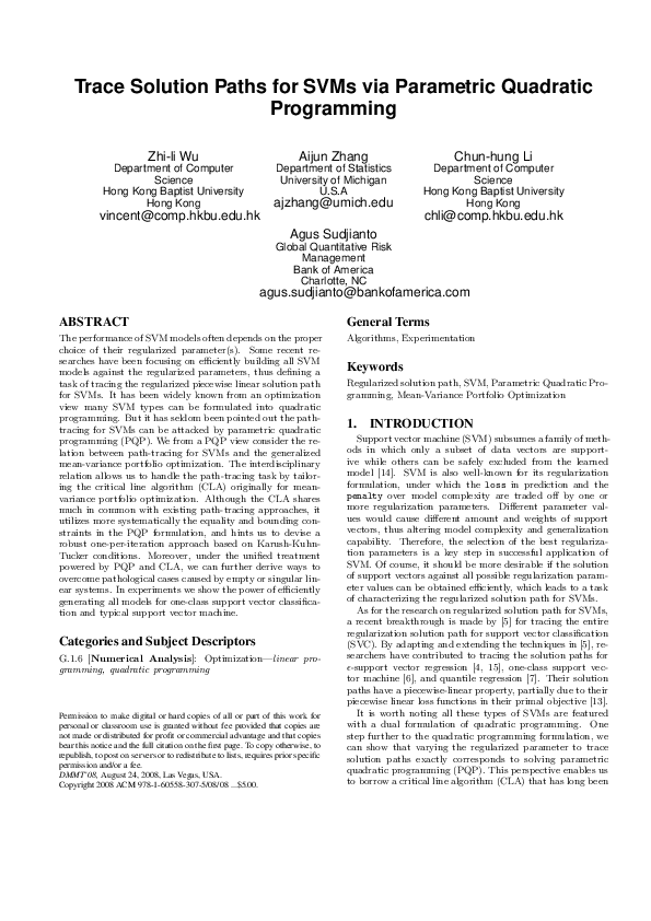 Pdf Trace Solution Paths For Svms Via Parametric Quadratic Programming