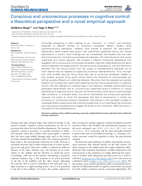 (PDF) Conscious and unconscious processes in cognitive control: A ...