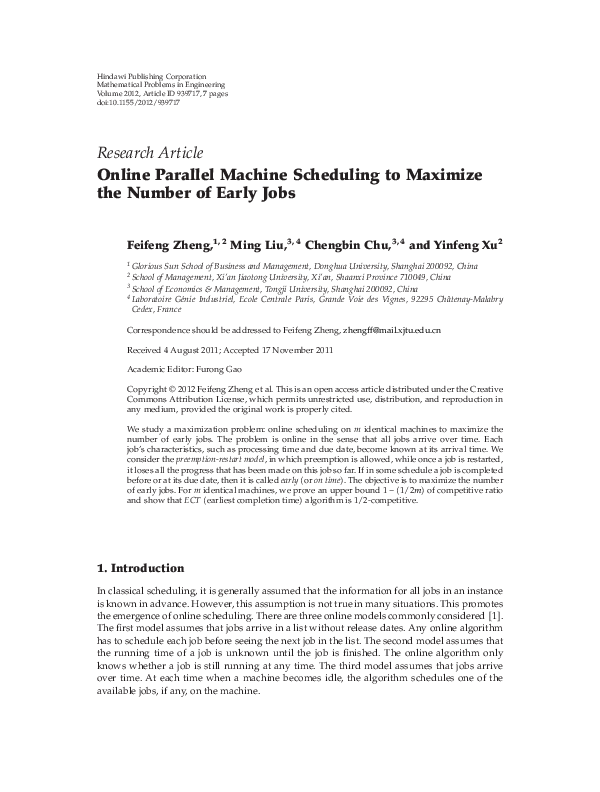 Pdf Online Parallel Machine Scheduling To Maximize The Number Of Early Jobs