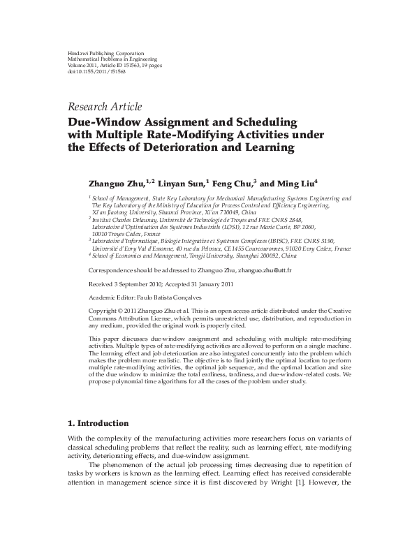 (PDF) Due-window assignment and scheduling with multiple rate-modifying activities under the ...