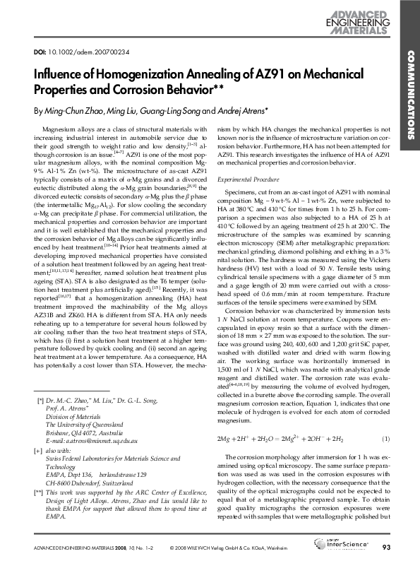 (PDF) Influence of Homogenization Annealing of AZ91 on Mechanical Properties and Corrosion Behavior