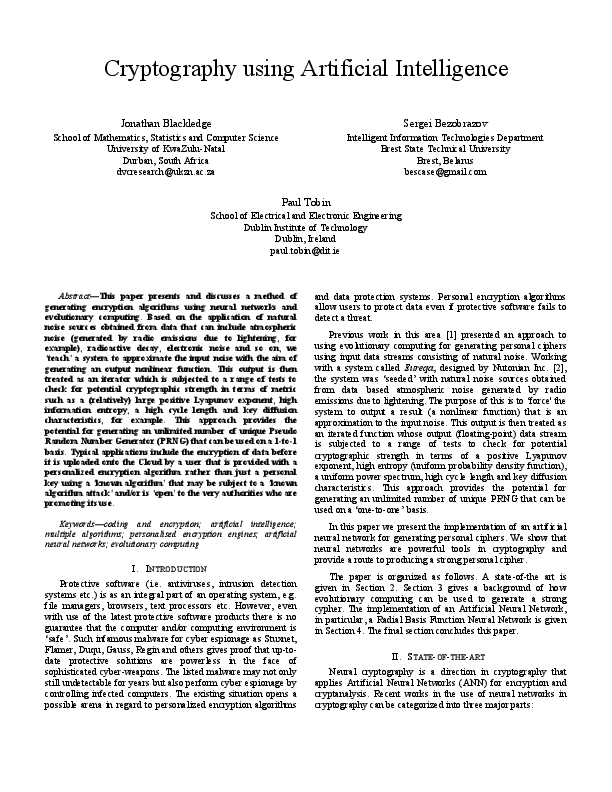 (PDF) Cryptography using Artificial Intelligence