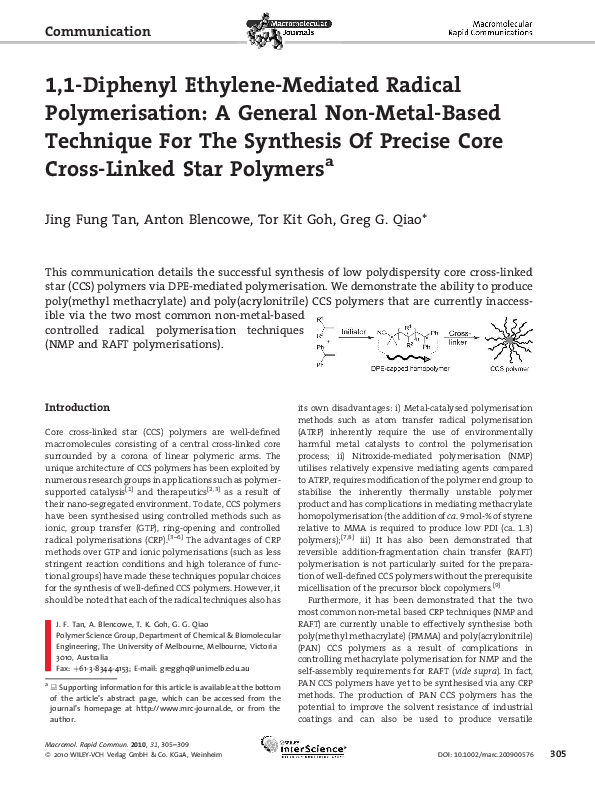 (PDF) 1,1-Diphenyl Ethylene-Mediated Radical Polymerisation: A General Non-Metal-Based Technique ...