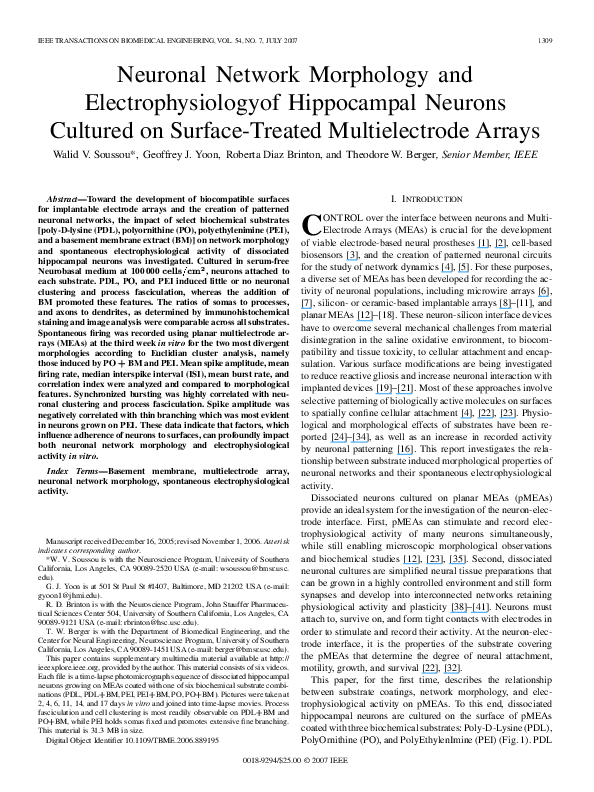 (PDF) Neuronal network morphology and electrophysiologyof hippocampal neurons cultured on ...