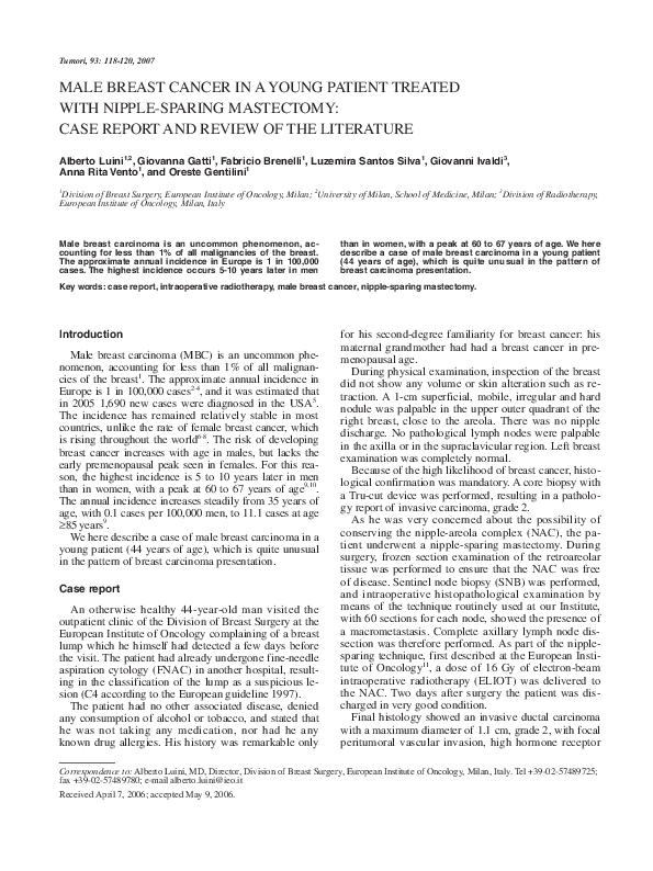 Pdf Male Breast Cancer In A Young Patient Treated With Nipple Sparing Mastectomy Case Report