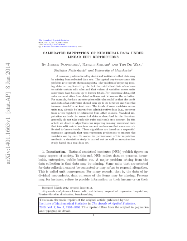 (PDF) Calibrated imputation of numerical data under linear edit restrictions