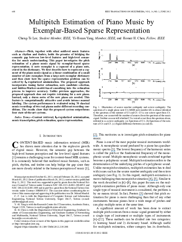 (PDF) Multipitch Estimation of Piano Music by Exemplar-Based Sparse Representation