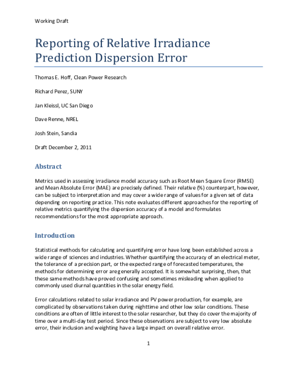 Pdf Reporting Of Irradiance Modeling Relative Prediction Errors