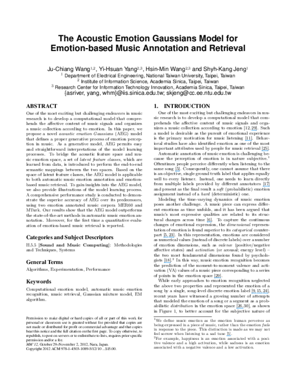 (PDF) The Acoustic Emotion Gaussians Model for Emotion-based Music Annotation and Retrieval